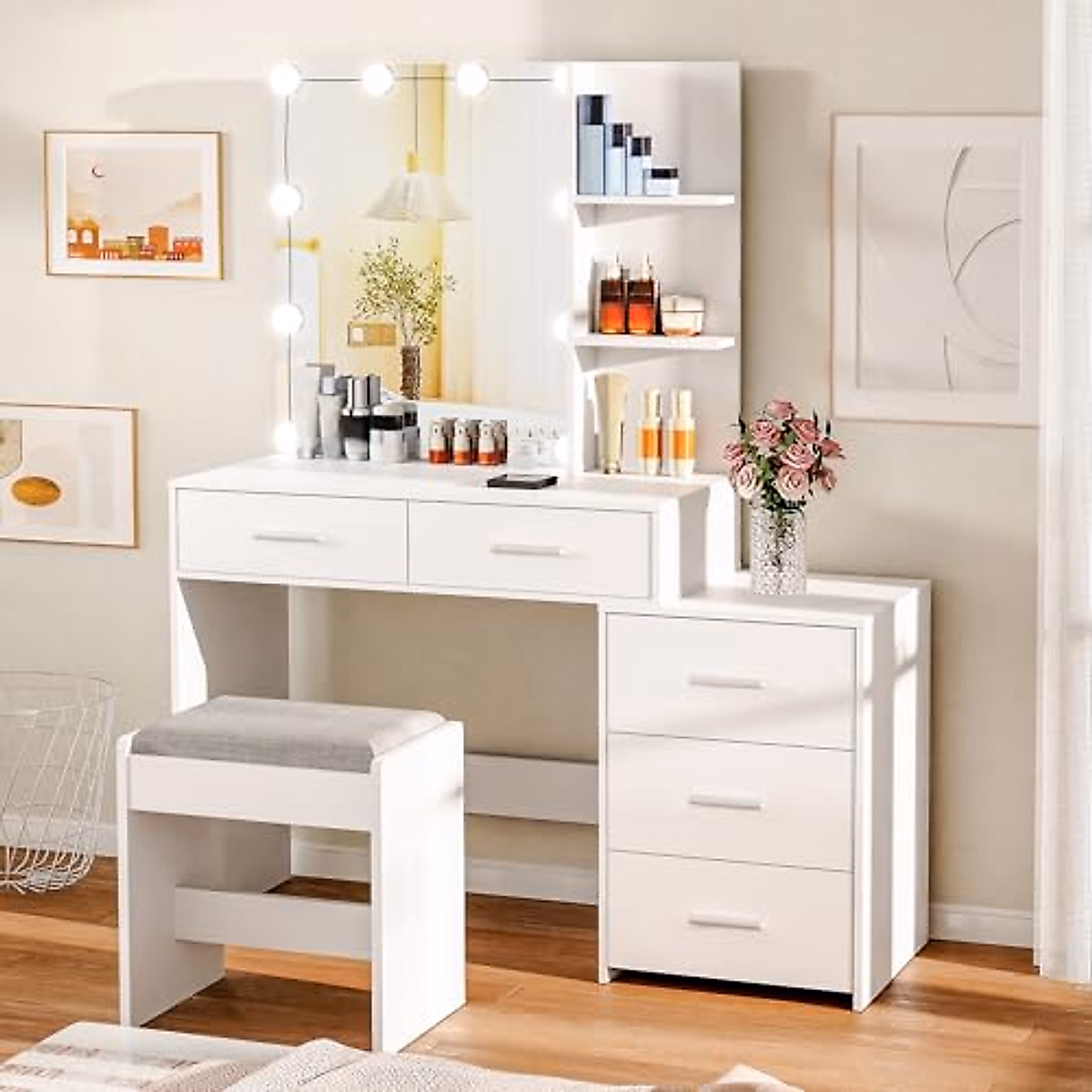 usikey 43.5in Large Vanity Desk with Mirror and 10 LED Lights, Makeup Vanity Table with Lights and 5 Drawers, White Vanity Table Vanity Set with Storage Shelves and Stool for Women Girls, White
