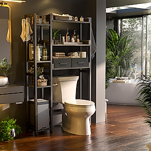 Over The Toilet Storage with 2 Drawers - 7 Tier Bathroom Organizer with Adjustable Shelf, Freestanding Space Saver Storage Rack Above Toilet Stand with 4 Hooks for, Restroom, Laundry, Grey Oak