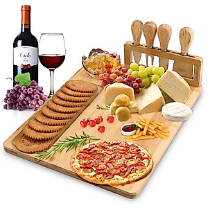 TWGDH Bamboo Cheese Board Set Including 4 Stainless Cutlery Set, Charcuterie Board And Serving Tray For Entertaining Or Gift (Rectangle Version)