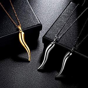 Hipunk Italian Horn Necklace Women Men - Lucky Cornicello Talisman Pendant 316L Stainless Steel Black Gun Plated Protection Amulet Chili Pepper Jewelry SP0064B
