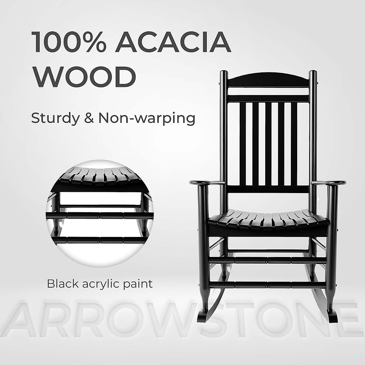 ARROWSTONE Rocking Chair, 100% Acacia Wood Patio Rocking Chairs, High Back, Porch Rocking Chair with 225lbs Support for Outdoor, Garden, Backyard, Pool