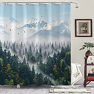 Zussun Long Green Misty Forest Shower Curtain Nature Foggy Tree Mountain Shower Curtains for Bathroom Waterproof Fabric Woodland Decorative Modern Bath Curtain Decor with Hooks (Green1, 72" x 78")