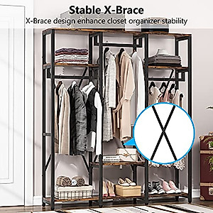 Tribesigns Garment Rack, Heavy Duty Freestanding Closet Organizer Systems with Shelves, Open Wardrobe Closet for Hanging Clothes (Rustic)