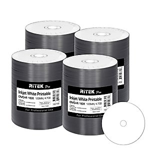 400 Pack Ritek Pro (Professional Grade) DVD-R 16X 4.7GB AZO Dye (MID MXL RG04) White Inkjet Hub Printable Blank Media Recordable Disc
