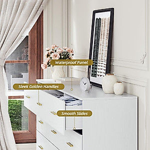 Angel Sar 9 Drawer Dresser for Bedroom, Modern White Dresser, Long Chest of Drawers with Golden Handles, Leg Free Design & Smooth Slides, Double Drawer Dresser for Closet, Sturdy Wooden Dresser