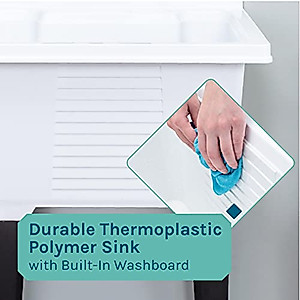 White Utility Sink by JS Jackson Supplies, Tehila Luxe Laundry Tub, Matte Black Pull-out Sprayer Faucet, Soap Dispenser