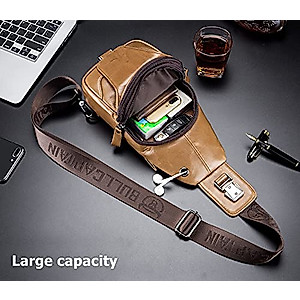 BULLCAPTAIN Genuine Leather Men's Sling Shoulder Backpack Multi-pocket Crossbody Chest Bags Travel Hiking Daypack with Earphone Hole (Yellowish brown)