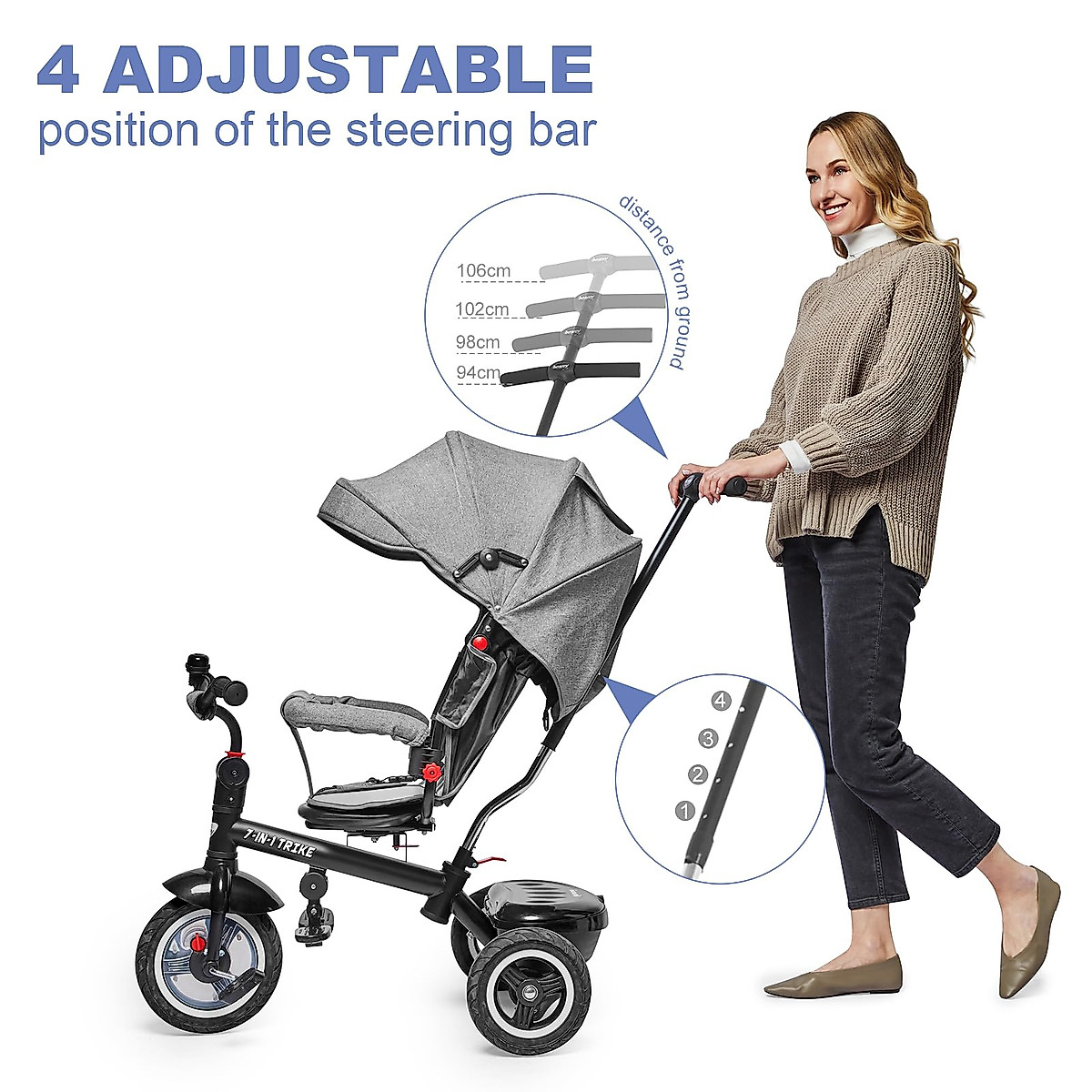 besrey Toddler Tricycle with Push Handle, Tricycle for toddlers 1-3， Baby Tricycle， Kids Tricycle, Tricycle Stroller with Push Handle, Trike for Toddlers, All Terrain Rubber Wheel, 360° Swivel Seat