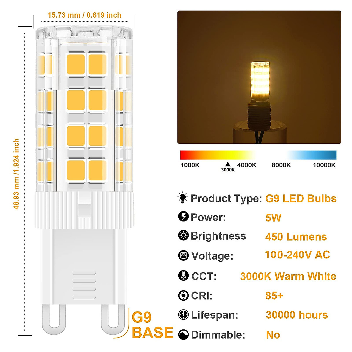TopLeder G9 LED Bulbs, 3000K Warm White 5W 450LM LED Light Bulbs, No Flicker Non-Dimmable, 40W Halogen Bulb Equivalent, 120V Bi Pin G9 Base Bulbs for Home Lighting, 6-Pack