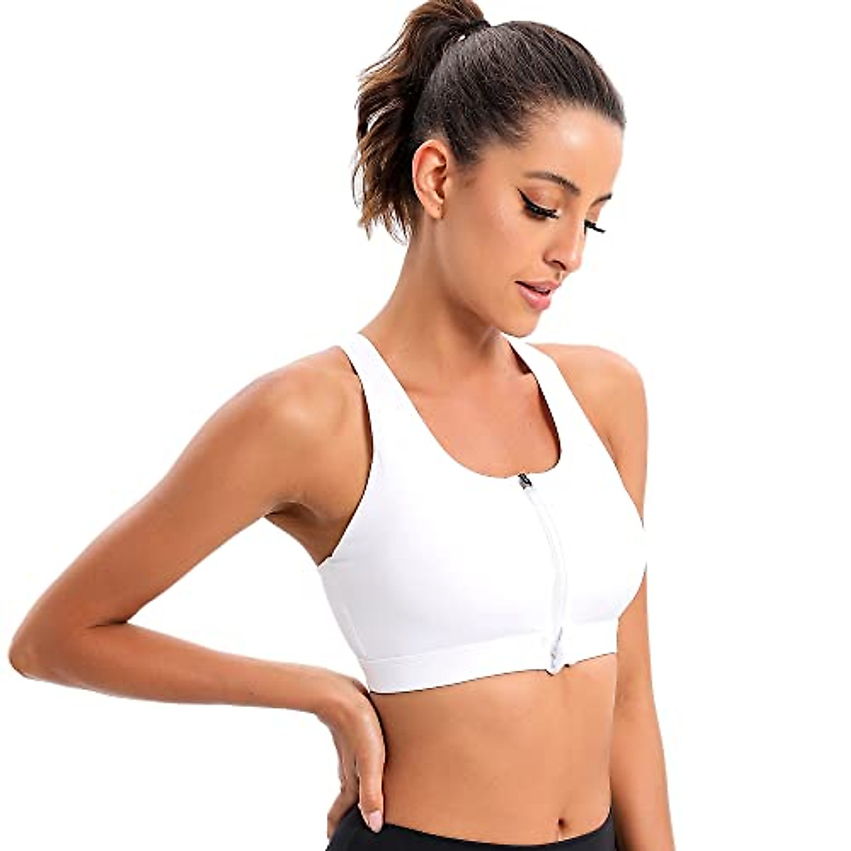 Cordaw Women Sports Bra Zipper Front Criss Cross Strappy Back Medium Impact Supportive Zip Up Bra-White 4XL