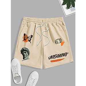 GORGLITTER Men's Designer Graphic Shorts Drawstring Waist Cool Track Gym Workout Shorts Khaki Large