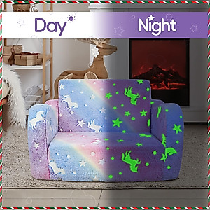 PLYFOU 2-in-1 Kids Sofa, Toddler Chair for 2 Seats,Convertible Children Couch to Lounger,Kids Chairs Comfy Toddler,Folding Kids Play Sofa for Girl or Boy(Glowing Rainbow)