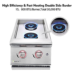 WAFIET Built-in Double Grilling Side Burners with Lid for Outdoor Kitchen BBQ Island, 304 Stainless Steel, 15,000BTU Liquid Propane/Natural Gas Grill with Drip Tray - LPG/NG Convertible