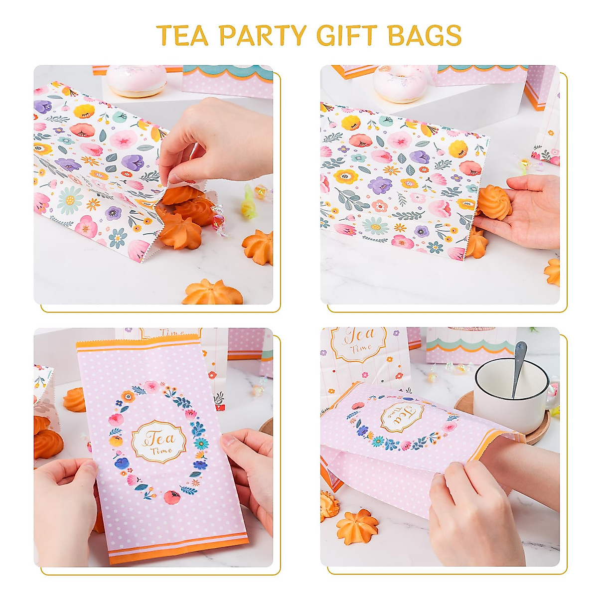 HONEYGIFTS 24PCS Party Favor Bags,Tea Party Favor Bags with Stickers, 5 x 3 x 8.7inches Candy Bags Floral Gift Bags Treat Bags Goodie Bags for Kids Girls Birthday Party