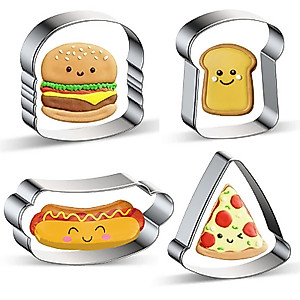 4 Piece Xzhloym Cookie Cutters Set - Hamburger Burger Cheeseburger Hot Dog Toast Slice of Bread Pizza Food Shape Cookie Cutter Stainless Steel Molds for Flour Box Bakery Baking - DIY Gift for Women