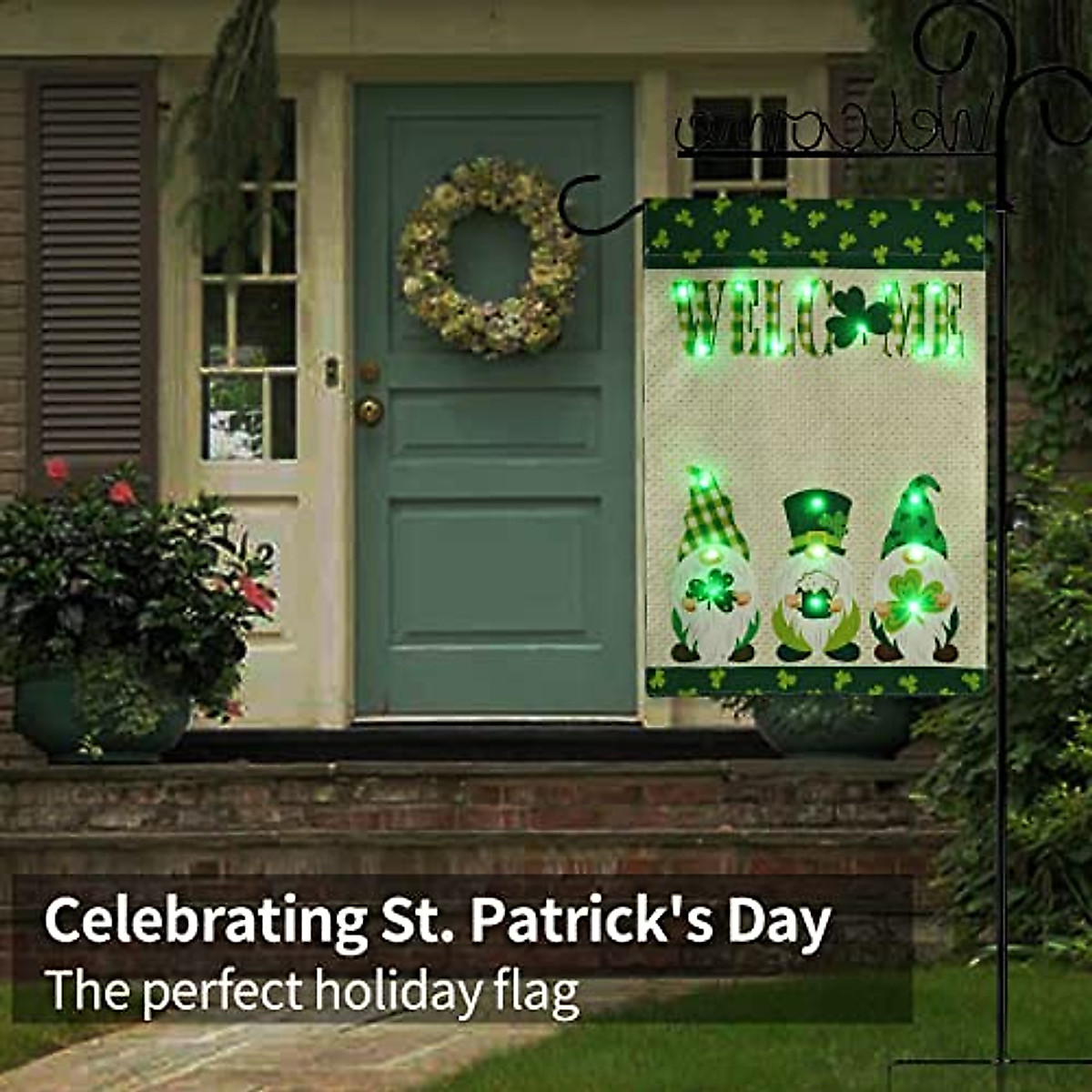 St Patricks Day Garden Flag with Lights, Welcome Gnome Shamrock Garden Flag Double Sided Yard Flags for Lawn Party St Patricks Day Outdoor Decorations 12 x 18 Inch