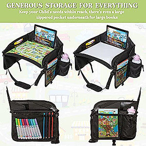 KIDSNEAR Kids Travel Tray, Car Seat Travel Tray, Toddler Travel Tray with iPad & Tablet Holder, Cup Holder, Dry Erase Board (Black)