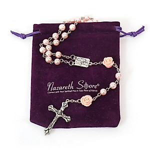 Nazareth Store Catholic Pink Pearl Beads Rosary Necklace Our Rose Flowers, Lourdes Medal & Cross NS