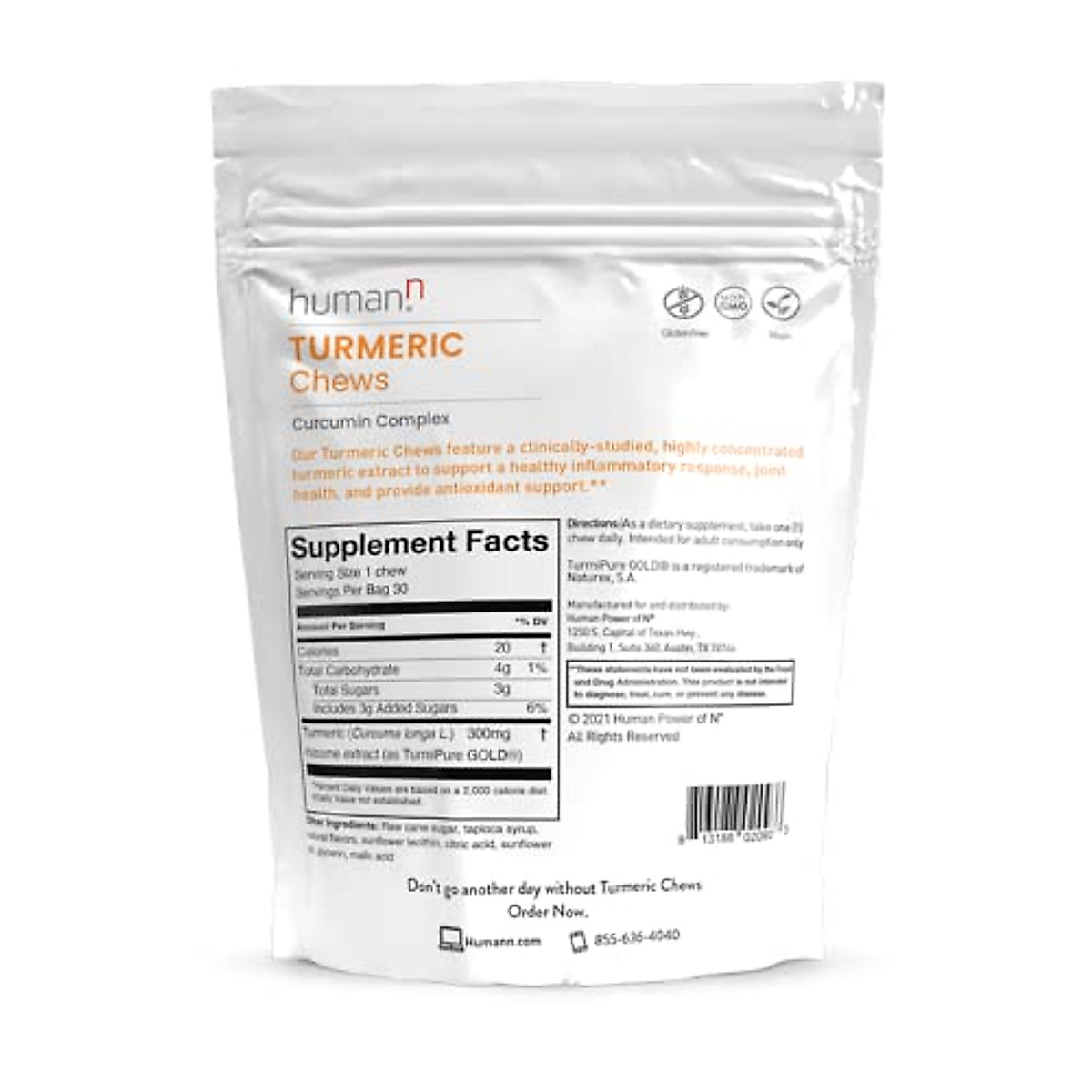 humanN Turmeric Curcumin Chews Supplement – High Absorption Turmeric - Orange Citrus Flavor – from The Makers of SuperBeets, 30 Count