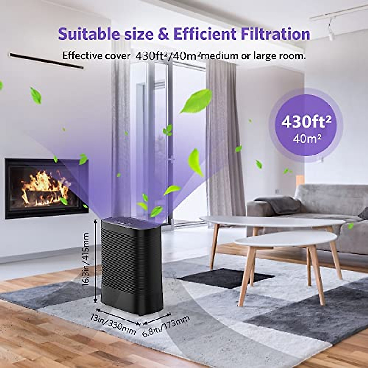 Air Purifier, True Hepa 13 for Large Room, CADR 450 m³/h, Air Cleaner with UV-C Light, 3 Speeds, 3 Timers, Change Filter Reminder, Remove off 99.97% Dust, Allergens, Pollen, Pets, Hair, Smoke (black)