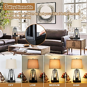 Set of 2 Farmhouse Touch Table Lamps with USB Ports, 3-Way Dimmable Bedside Nightstand Lamps, 2 Light Rustic Industrial Table Lamps for Living Room Bedrooms Reading Room, Rotary Switch, Bulbs Included