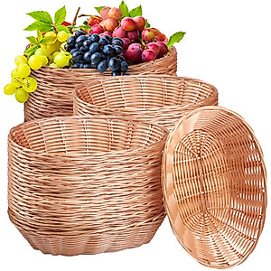 36 Pieces Bread Basket for Serving Plastic Wicker Basket Empty Gift Basket Woven Round Storage Basket Brown Fruit Serving Basket Bulk for Kitchen, Restaurant, Easter Gifts, Bakery 9.5 x 6.3 x 2.4 Inch