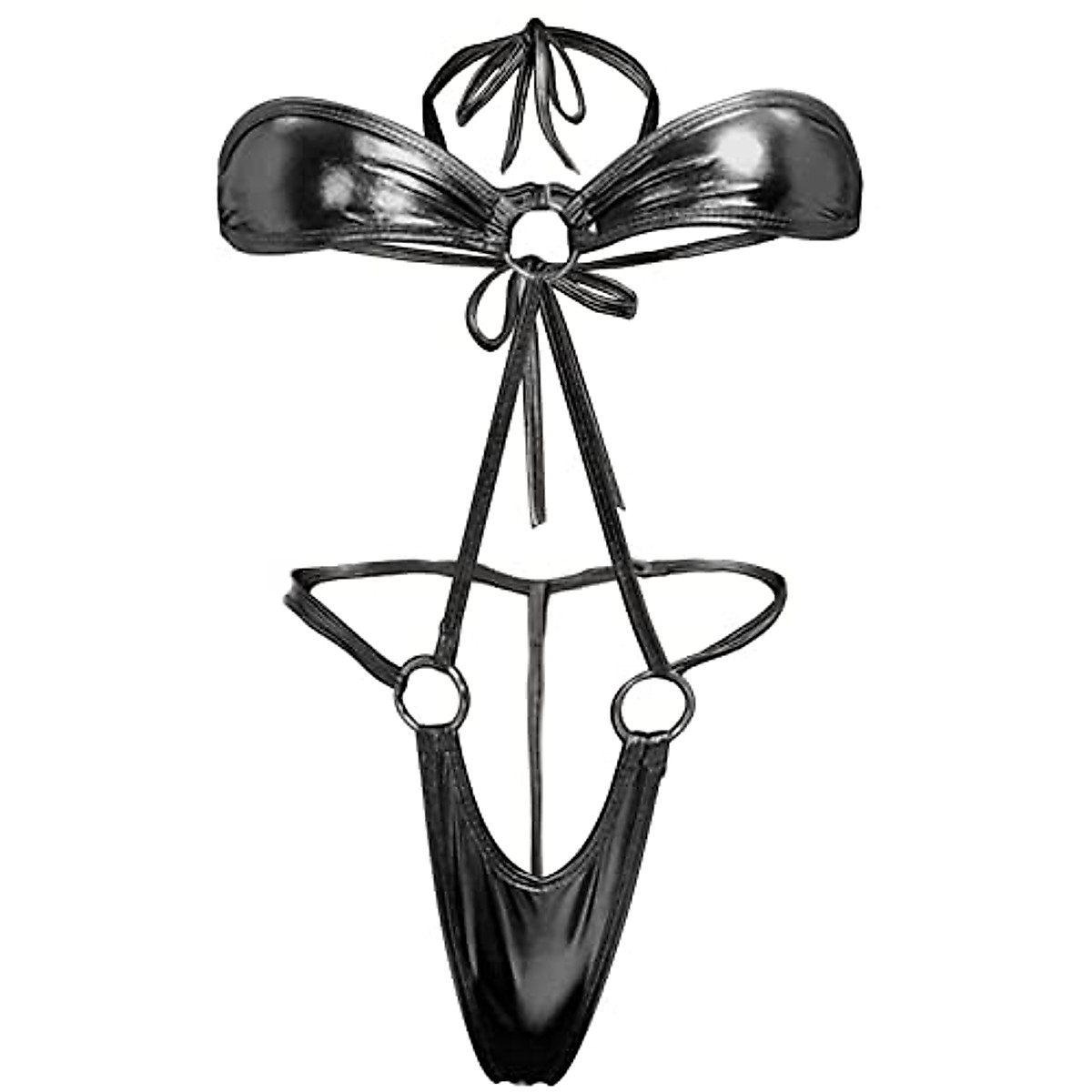 Yevin Sexy Latex Wet Look Lingerie for Women One Piece Exoctic Dancer Wear Black