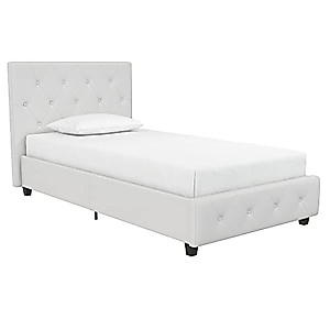 DHP Dakota Upholstered Platform Bed with Diamond Button Tufted Headboard and Footboard, No Box Spring Needed, Twin, White Faux Leather