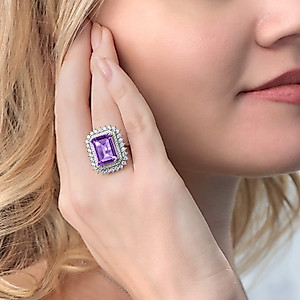 Gem Stone King 925 Sterling Silver Purple Amethyst Women Ring (7.60 Ct Emerald Cut 14X10MM) (Size 9)