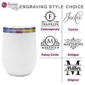 Personalized 12 oz Insulated Stemless Wine Tumbler - Custom Engraved and Monogrammed (White with Prism)