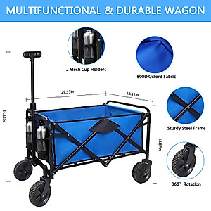 HHXRISE Collapsible Folding Wagon, Beach Cart with Wheels Foldable, Utility Heavy Duty Wagon with Portable, Large Capacity, Adjustable Handle, Side Pockets for Camping, Shopping, Garden, Picnic - Blue