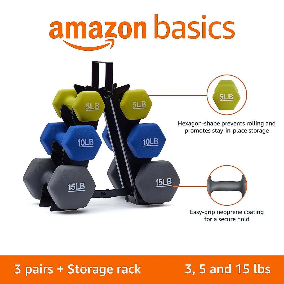 Amazon Basics Neoprene Dumbbell Hand Weights, Rack with 3 Pairs (5, 10, and 15 pound), Green/Blue/Grey