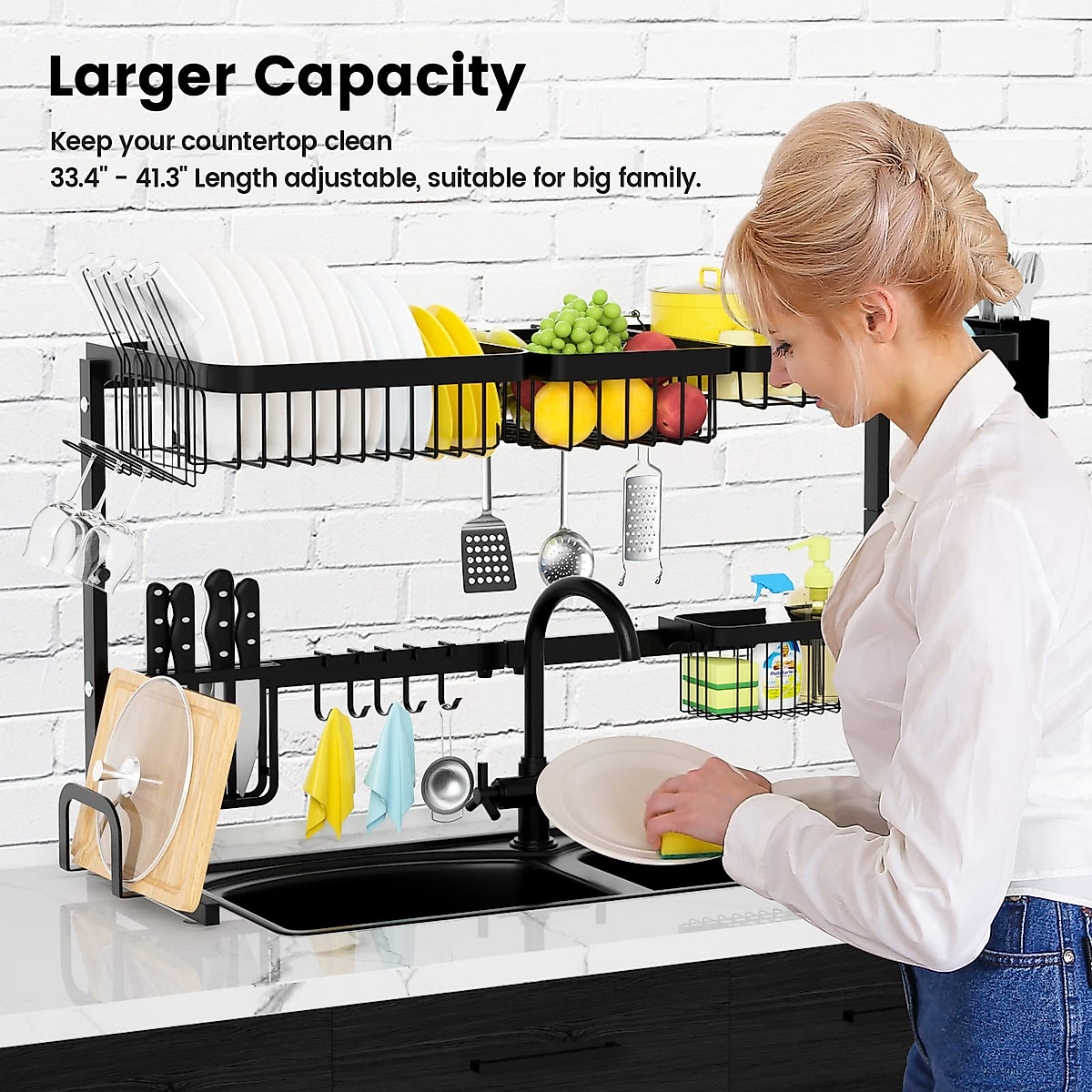 MERRYBOX Over The Sink Dish Drying Rack (33.4"-41.3") Large Upgraded 2 Tier Length & Height Adjustable Stainless Steel Dishes Drainer for Kitchen Counter Space Saving Storage Organizer, Black