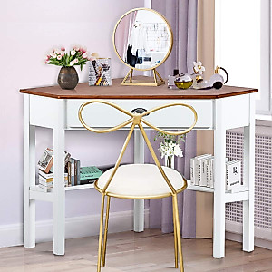 IFANNY Corner Desk, Triangle Desk with Drawers and Shelves, Wood Corner Console Table, Vanity Table with Storage, Corner Writing Desk, Small Corner Desks for Small Spaces (Natural & White)