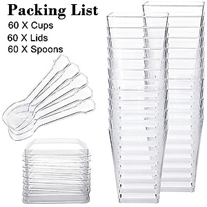 HawHawToys 60 Pack 4.5 OZ Dessert Cups with Lids and Spoons, Square Plastic Dessert Shooter Cups Parfait Cups for Party Desserts, Appetizer Serving (60)