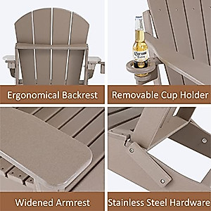 ABCPATIO Folding Adirondack Chair with Detachable Ottoman Outdoor Weather Resistant Patio Lawn Chair with Cup Holder, Seat Width 20", Light Brown