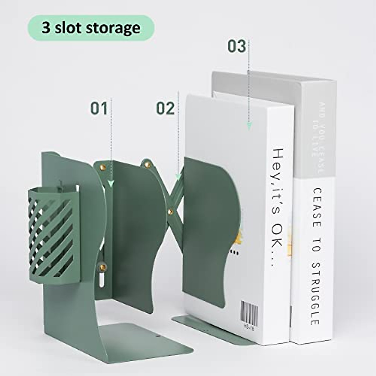 Adjustable Bookends TAINSE Expandable Bookends with Pen Holder Book Ends for Heavy Books,Magazine File Telescopic Design Bookends Adjustable Extends up to 17 inches-Green