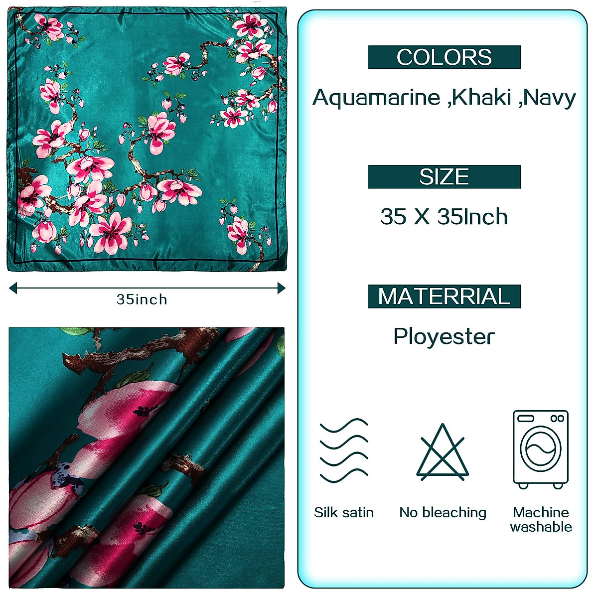 DOOBO Silk Scarf - 3 Pcs 35 Inches Polyester Satin Head Scarf for Women - Aquamarine, Navy, Khaki