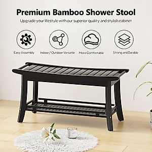 Eastglory Bamboo Shower Bench Chair Bathroom Shower Stool Seat for Inside Shower Bathtub with Storage Shelf Shower Foot Rest for Shaving Legs 39 x 13 x 19.2 Inches Black