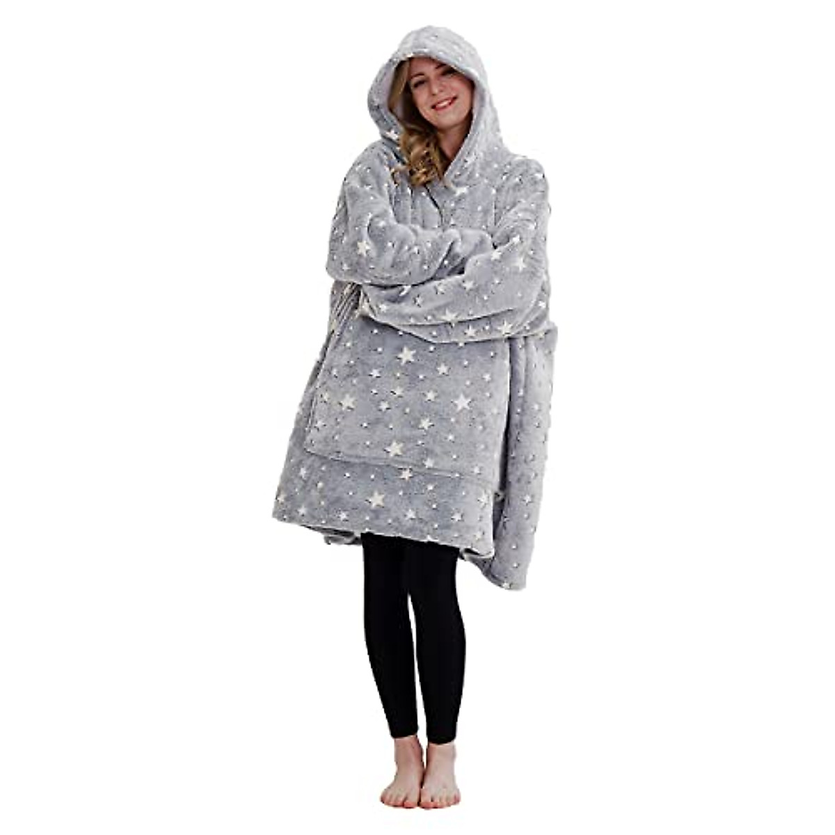 U&O Oversized Glow in Dark Wearable Sherpa Blanket Sweatshirt with Hood & Pocket and Sleeves Luminous Hoodie Blanket (Grey)