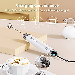 Maestri House Rechargeable Milk Frother, Handheld Electric Foam Maker Waterproof Detachable Stainless Steel Whisk Drink Mixer Foamer with Stand, 2 Whisks for Lattes, Cappuccino (White)