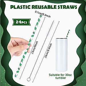 24 Pcs Christmas Plastic Reusable Straws 9 Inch Christmas Tree Drinking Straws Hard Plastic Straws for Tumbler Fun Straws for Party Supplies Family Holiday, with 2 Cleaning Brush