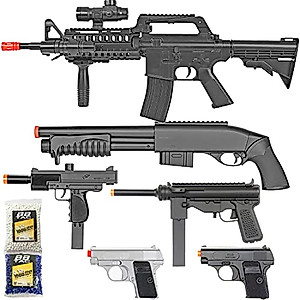 BBTac Airsoft Gun Package - Dark Ops - Collection of Airsoft Guns - Powerful Spring Rifle, Shotgun, Two SMG, Mini Pistols and BB Pellets, Great for Starter Pack Game Play