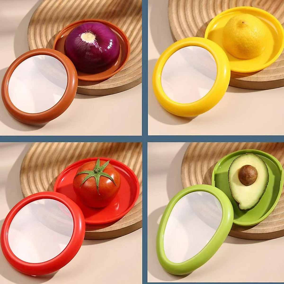 EDUFUNBO Set of 4 Reusable Storage Containers for Fridge, Avocado Saver and Tomato Holder, Ideal for Garlic, Onions, Lemons, Potatoes