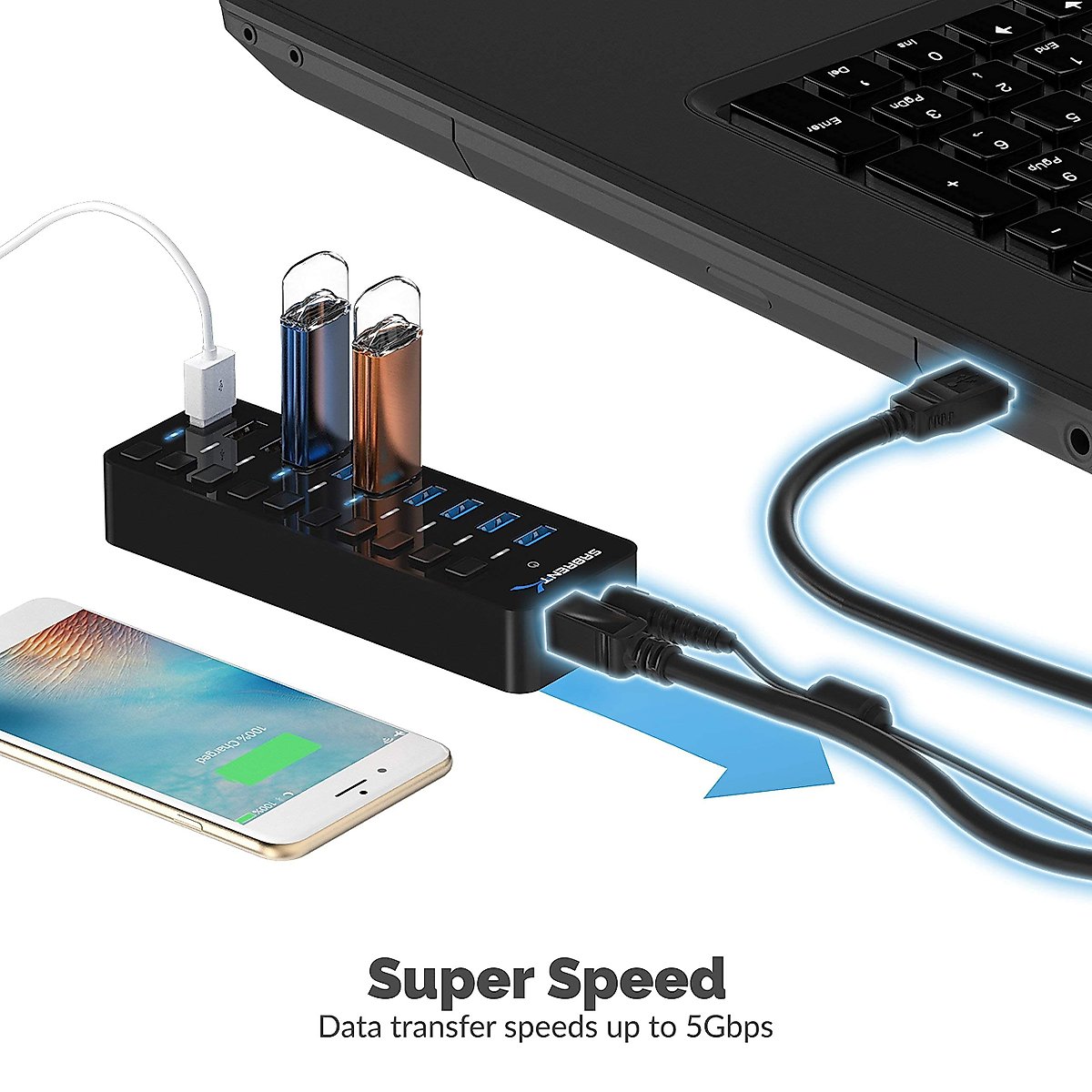 60W 10 Port USB 3.0 Hub Includes 3 Smart Charging Ports with Individual Power Switches and LEDs and 60W 12V/5A Power Adapter+USB Bluetooth 4.0 Micro Adapter for PC [v4.0 Class 2 with Low Energy Techno