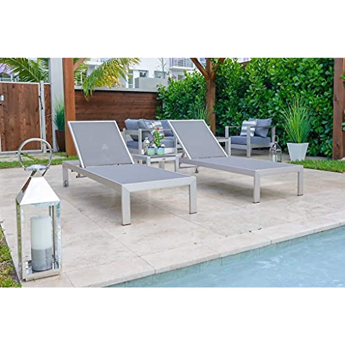 Belvedere 3-Piece Brushed Aluminum Outdoor Patio Furniture Chaise Lounge Chair Set w/Two Chaise Lounge Chairs and Side Table