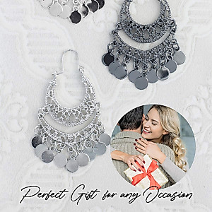 Bohemian Boho Chandelier Dangle Drop Earrings for Women – Lightweight Filigree Gypsy Coin Disc Tassel Charm Hoops – included Gift Box (Silver)