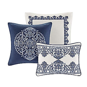 Madison Park Signature Cozy Comforter Set - All Season Bedding Combo Filled Insert and Removable Duvet Cover, Shams, Decorative Pillows, Queen (92 in x 96 in), Bohemian Blue 9 Piece