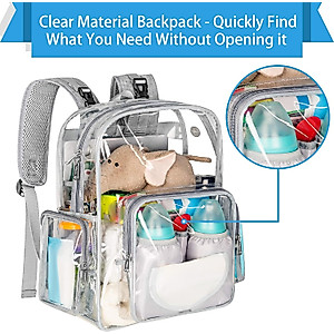 Mancro Diaper Bag Backpack, Clear Baby Bag Heavy Duty Transparent Backpack for Girls Boys, Multifunction Large Travel Backpack Maternity Baby Changing Bags for Mom with Stroller Straps, Grey