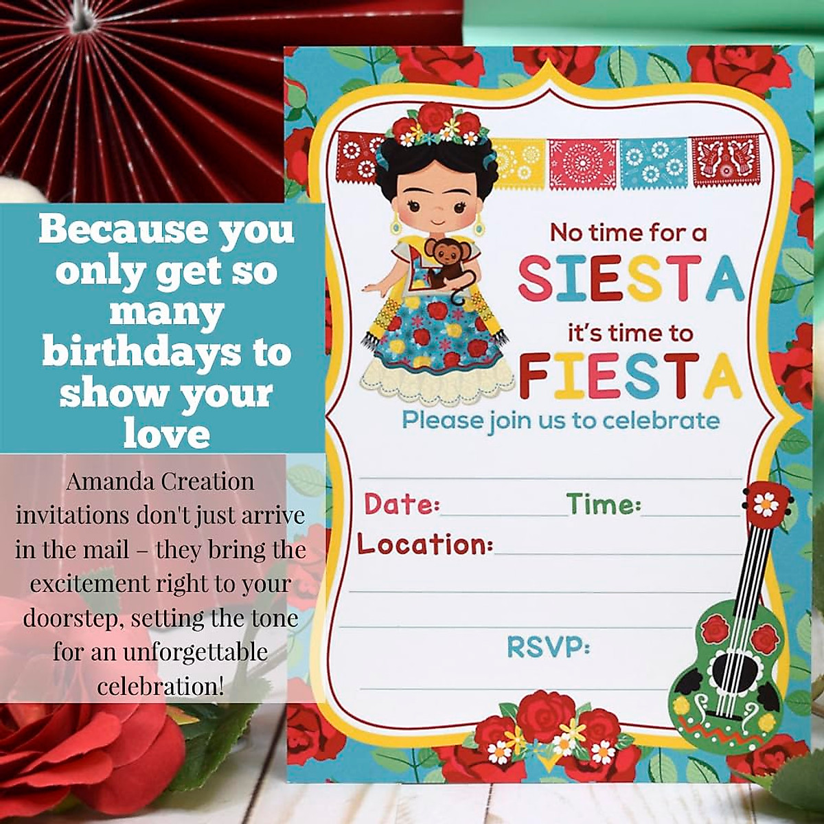 Amanda Creation Frida Fiesta Themed Birthday Party Invitations, 20 5x7 Fill In Cards with Twenty White Envelopes